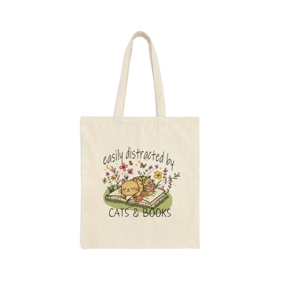 Cat and Books Tote Bag Beige Canvas Shopping Shcool Work Eco Bag | eBay