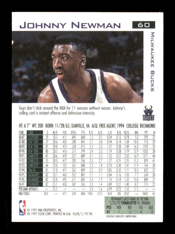1997 Basketball Fleer Johnny Newman Milwaukee Bucks #60 | eBay