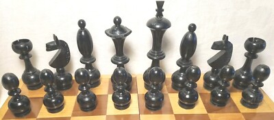 Old Handmade Wooden Chess Set 4.5" Kings, 13" Inlaid Board Box Hinge | eBay