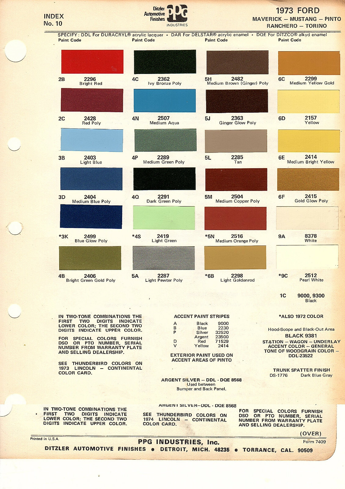 1973 FORD MUSTANG RANCHERO TORINO MAVERICK PINTO 73 PAINT CHIPS DITZLER ...