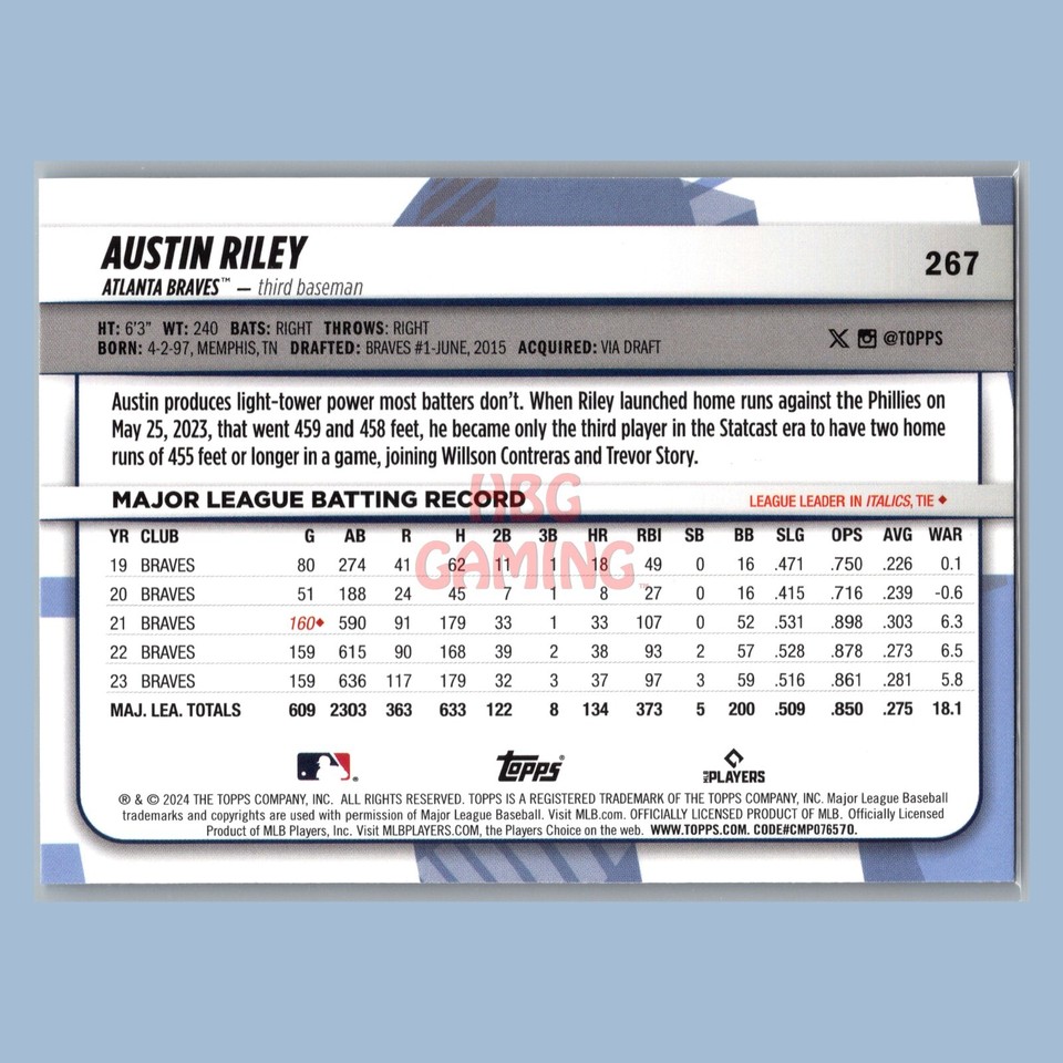 Baseball Card | #267 Austin Riley Rare Blue Foil 2024 Topps Big League ...