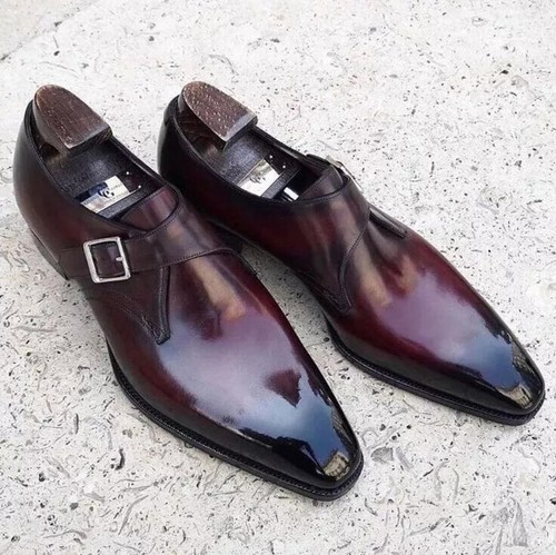 Handmade Men Burgundy Cowhide Leather Single Monk Chisel Toe Dress ...