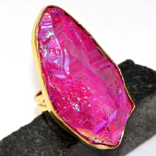 Golden Plated Pink Titanium Aura Quartz Ethnic Ring Jewelry Size US 7 ...