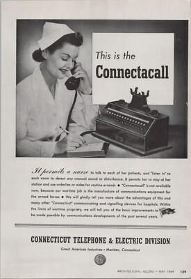 1944 Print Ad * Connecticut Telephone & Electric Nurse Hospital ...
