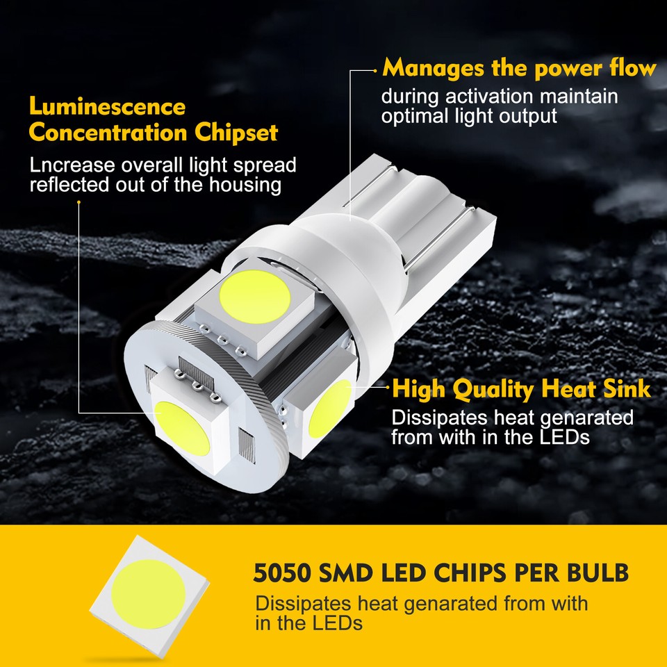 10x T10 194 LED Bulbs Super White Instrument Gauge Cluster Dash Light W ...