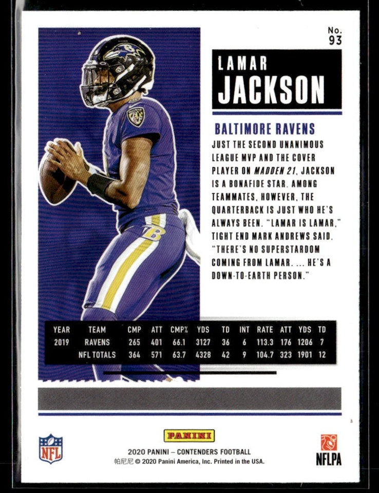 2020 Panini Contenders #93 Lamar Jackson Ravens Football Card 1003B | eBay