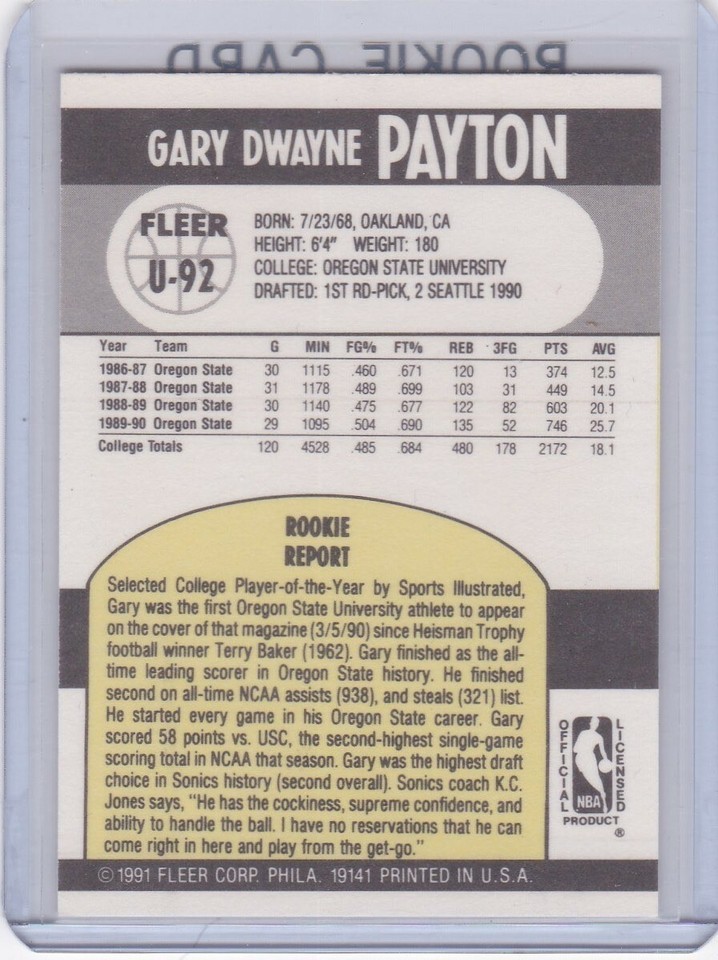 GARY PAYTON ROOKIE CARD 1990 Fleer $$ Basketball RC Seattle Supersonics ...