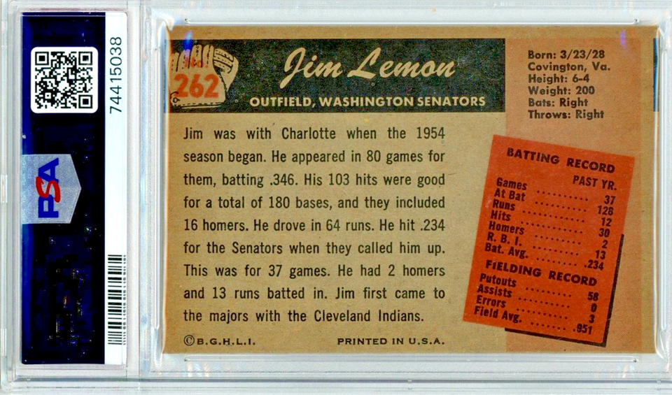 1955 Bowman Jim Lemon baseball card, PSA graded NM 7, #262 in the set ...