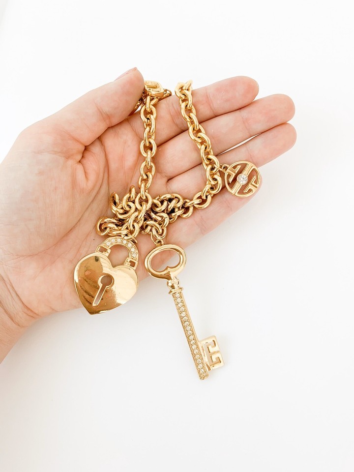 VINTAGE GIVENCHY LONG NECKLACE 3 CHARMS SIGNATURE HEART KEY CLASSIC | eBay