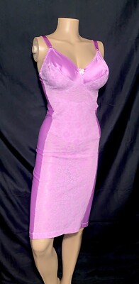 42 CD Vtg Lilac Pink Satin Firm Power Lace Girdle Bra FULL SLIP Spandex ...