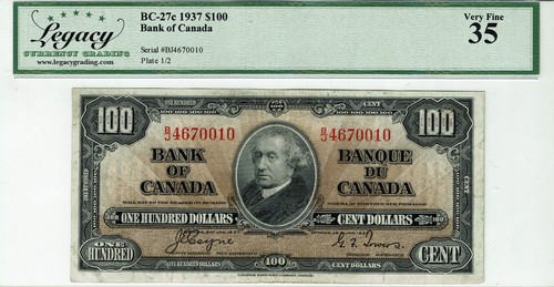 1937 $100 Canadian Banknote- Graded: Legacy, Very Fine 35, Rare Note | eBay