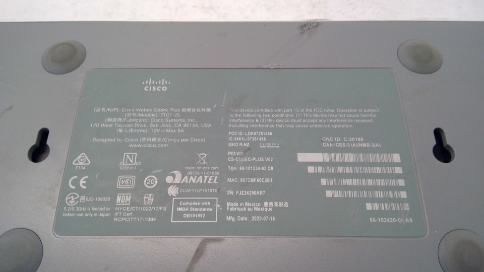 Cisco Webex Codec Plus TTC7-25 Video Conference CS-CODEC-PLUS NO ...