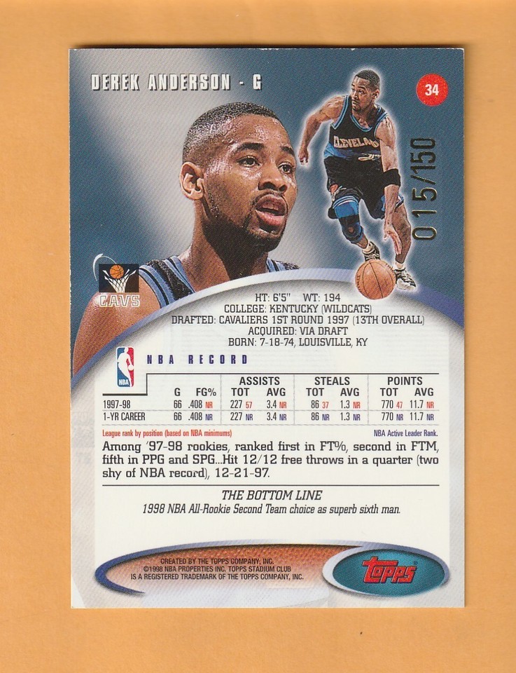 Derek Anderson Cleveland Cavaliers 1998-99 Stadium Club /150 Kentucky ...