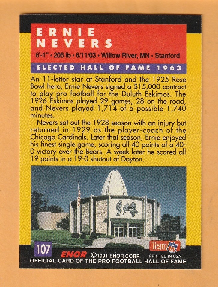 Ernie Nevers Chicago Cardinals 1991 ENOR Pro Football HOF #107 Superior ...