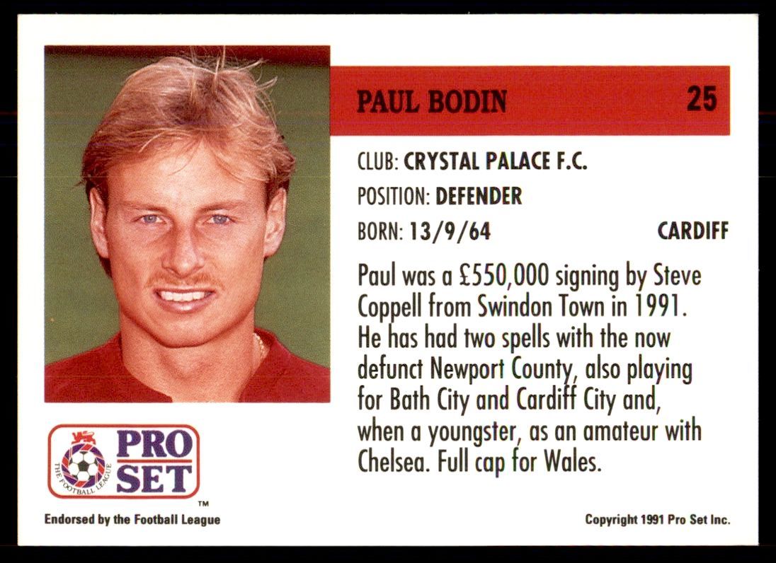 Pro Set Football 1991-1992 Crystal Palace Paul Bodin #25 | eBay