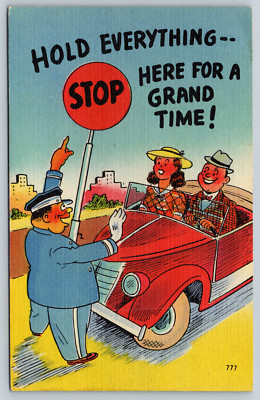 Comic Funny Stop Here For Grand Time Cop Car Couple c1940s Vintage ...