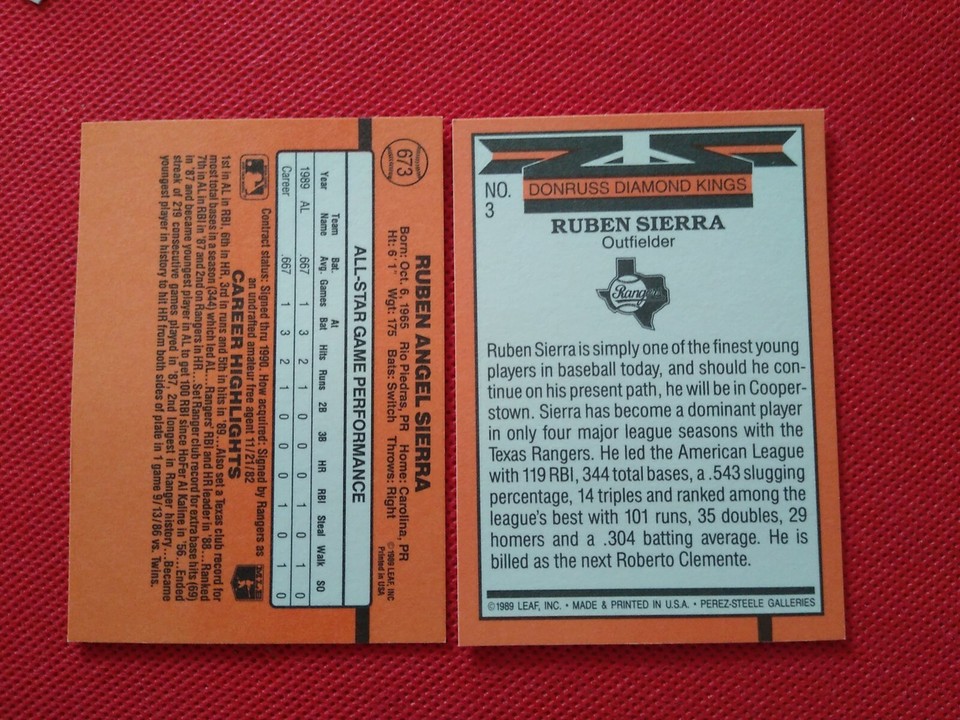 (2 Cards) 1990 Donruss #673 & #3 Diamond Kings - Ruben Sierra - Texas ...