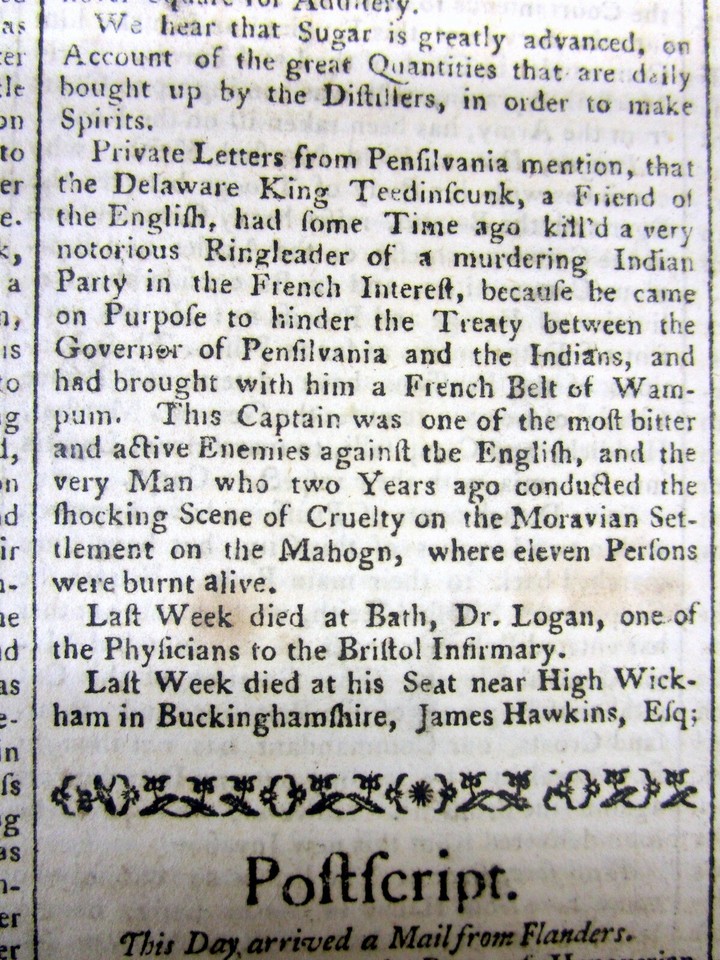 1757 newspaper CHIEF of the DELAWARE INDIANS in PENNSYLVANIA French ...
