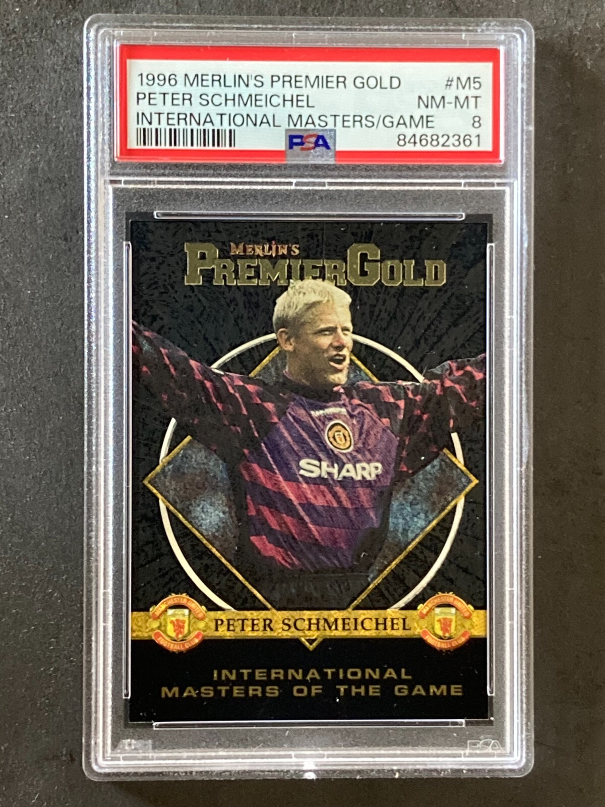 1996 Merlins Premier Gold Peter Schmeichel Masters of Game Insert PSA 8 ...