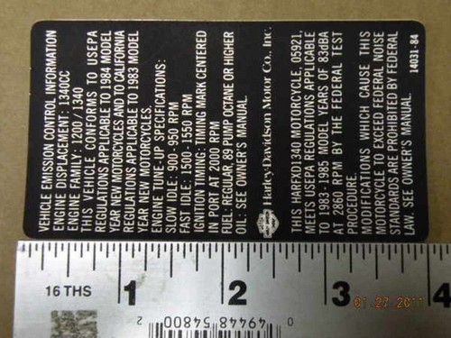 NOS Original Frame Decal Tag Sticker Emission Harley FXD OEM Dyna Super ...