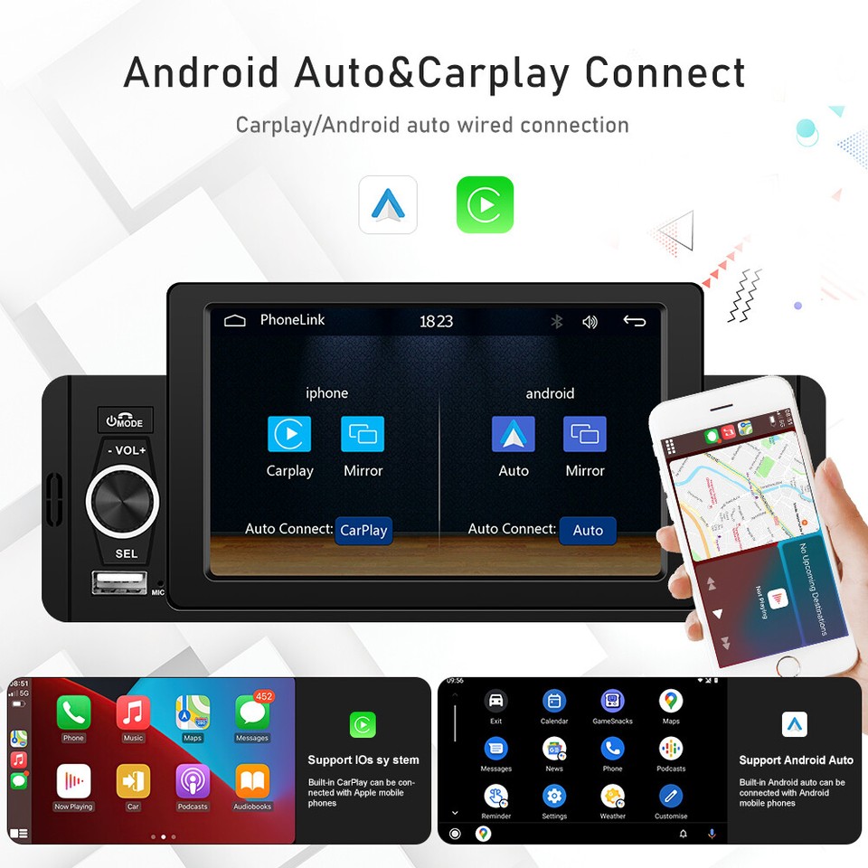 5 Inch Single 1DIN Bluetooth Car Stereo Radio Apple Carplay Android ...