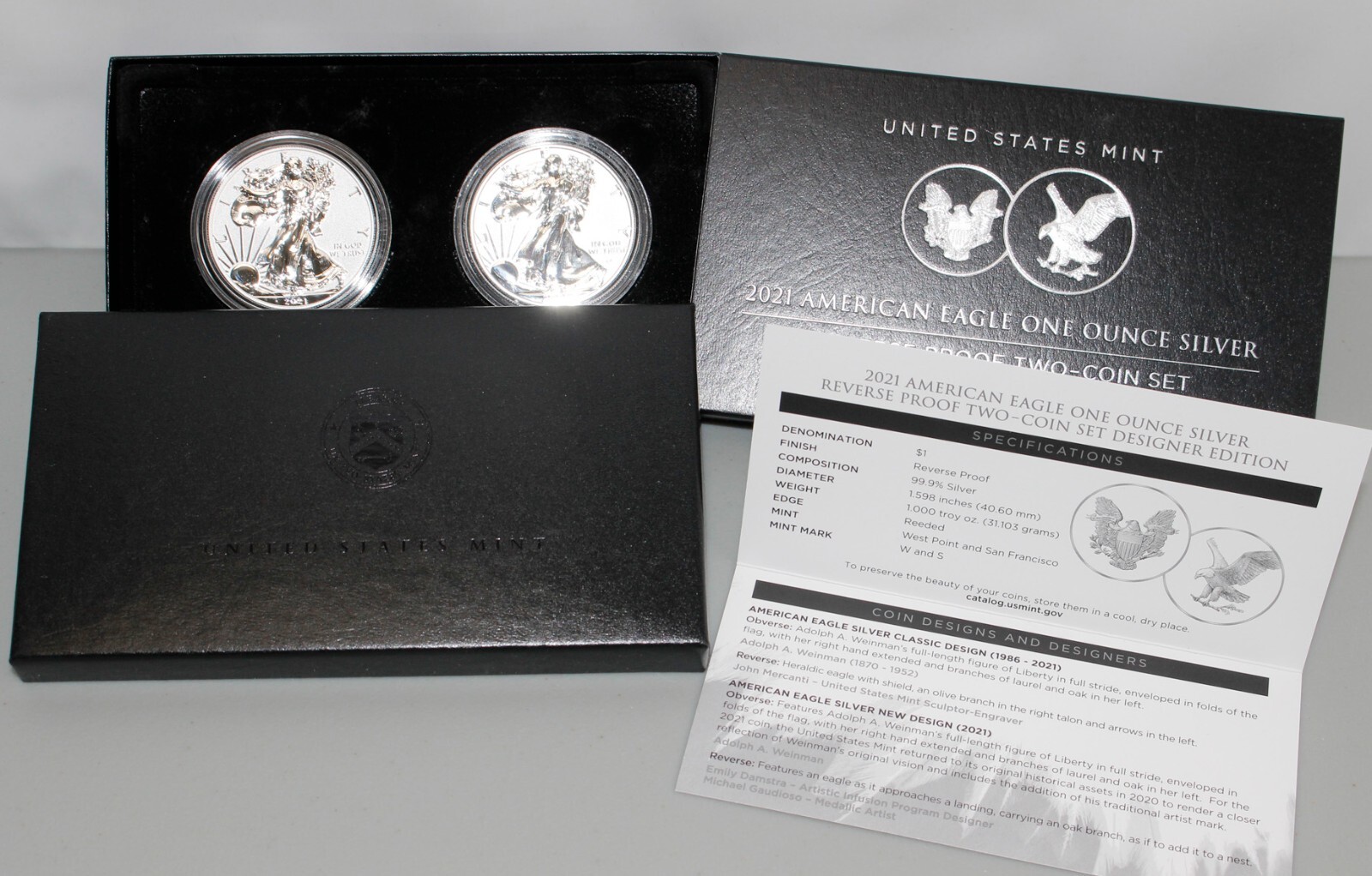 2021 American Silver Eagle 2-Coin Reverse Proof Set Two .999 ASE $1 Box ...