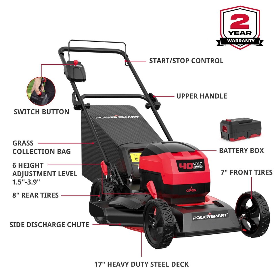 PowerSmart Push Lawn Mower 17" New 40V 4.0Ah Battery & Charger Rear ...