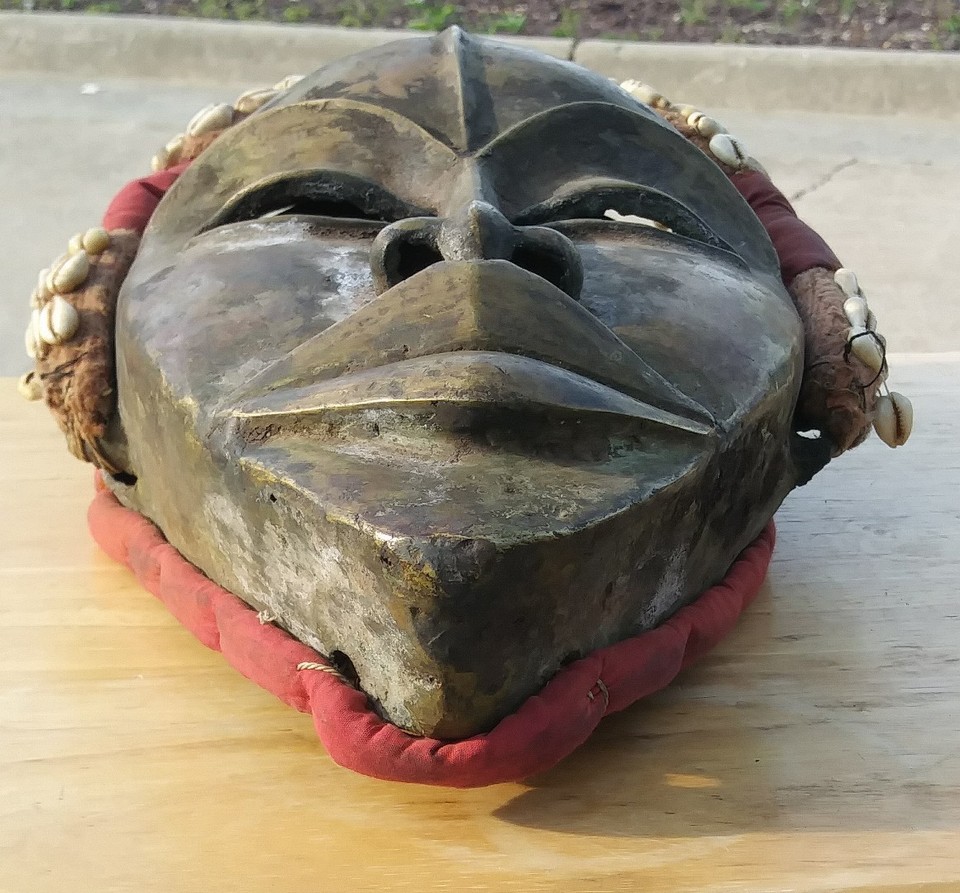 Vintage Brass Bronze Dan tribal Mask Raffia African art decorated ...