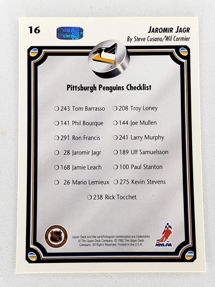 1992-93 Upper Deck Hockey Jaromir Jagr #16 Pittsburgh Penguins TM ...
