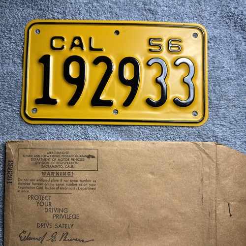 1956 California Motorcycle License Plate 192933 New Old Stock | eBay