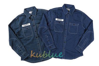 Men's Vintage ARMY Railroad Striped Denim Long sleeve Shirts Casual ...