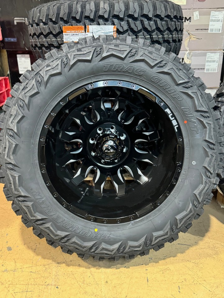 20" Fuel Blitz D673 Black Dually Wheels 35" MT Tires 8x200 Ford Super ...