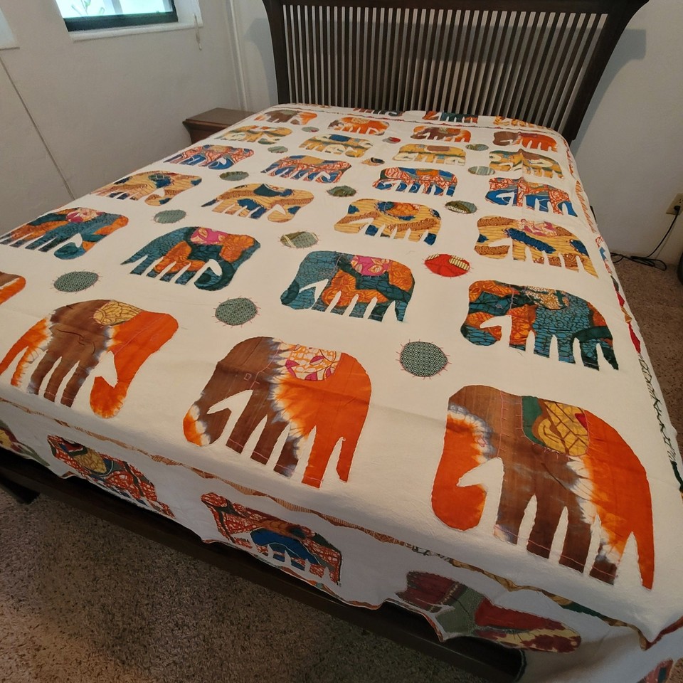 Orange cream elephant tye dye Hand sewn queen full blanket coverlet ...