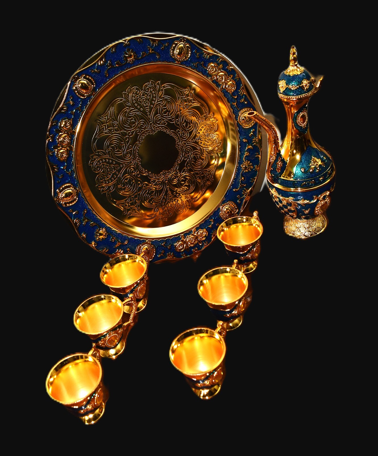 Teapot Teacups Tray Serving Set Gold Metal w Gold Jewels Hand Enamel ...