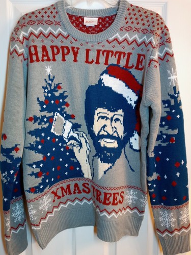 Bob Ross "Happy Little Xmas Trees" Christmas Knit Sweater Gray Men’s ...