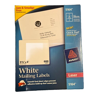 NEW Avery Shipping Labels 5164 White Laser Print 600 3 1/3 x 4 Labels ...