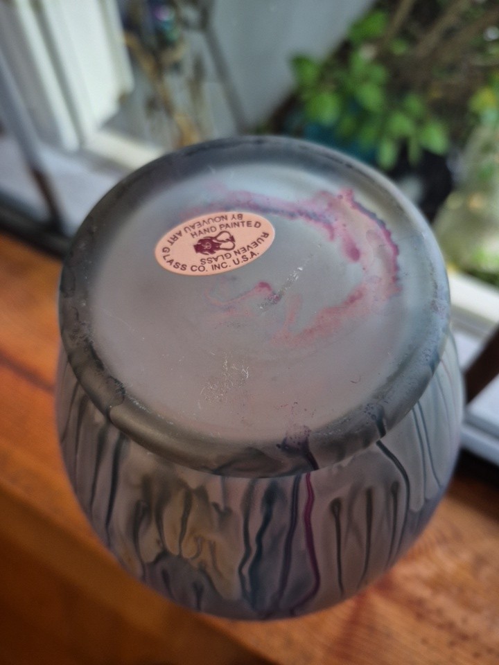 VTG RUEVEN GLASS VASE NOVEAU ART U.S.A. PINK BLUE GOLD Hand Painted Art ...