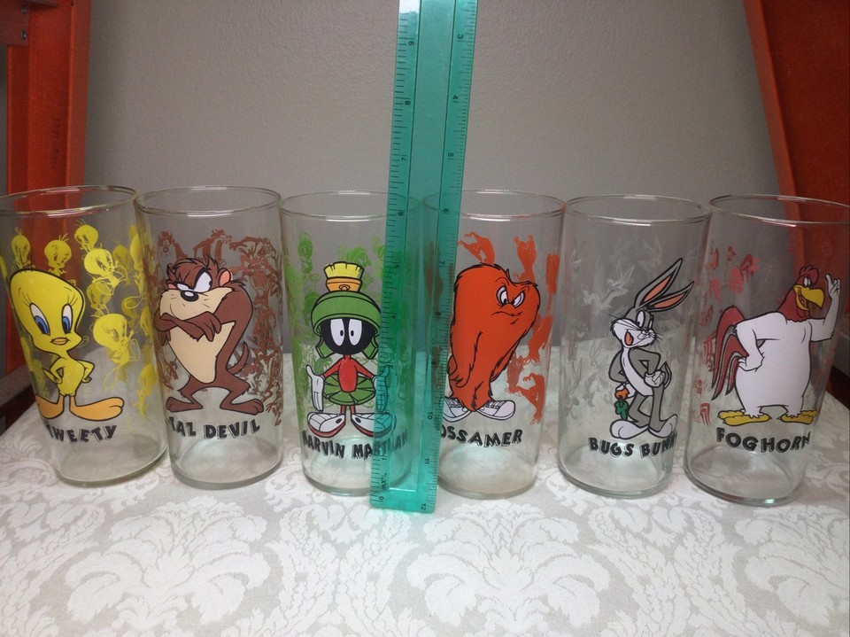 1996 LOONEY TUNES WB STORE GLASS TUMBLER CUP SET-GOSSAMER,TWY,BUGS,TAZ ...