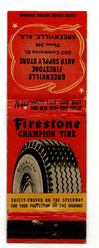 FIRESTONE TIRES matchbook matchcover - CAR AUTO - GREENVILLE, ALABAMA ...