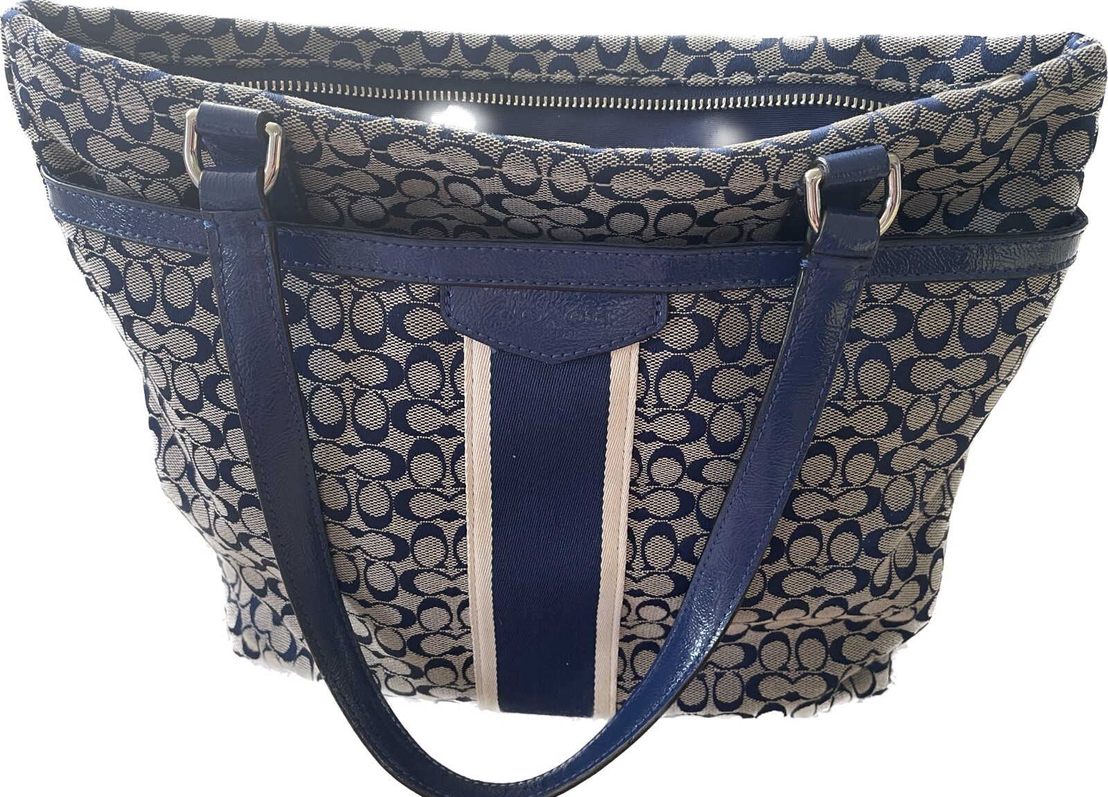 COACH SIGNATURE CANVAS BLUE STRIPE & LEATHER TOTE PUR… - Gem
