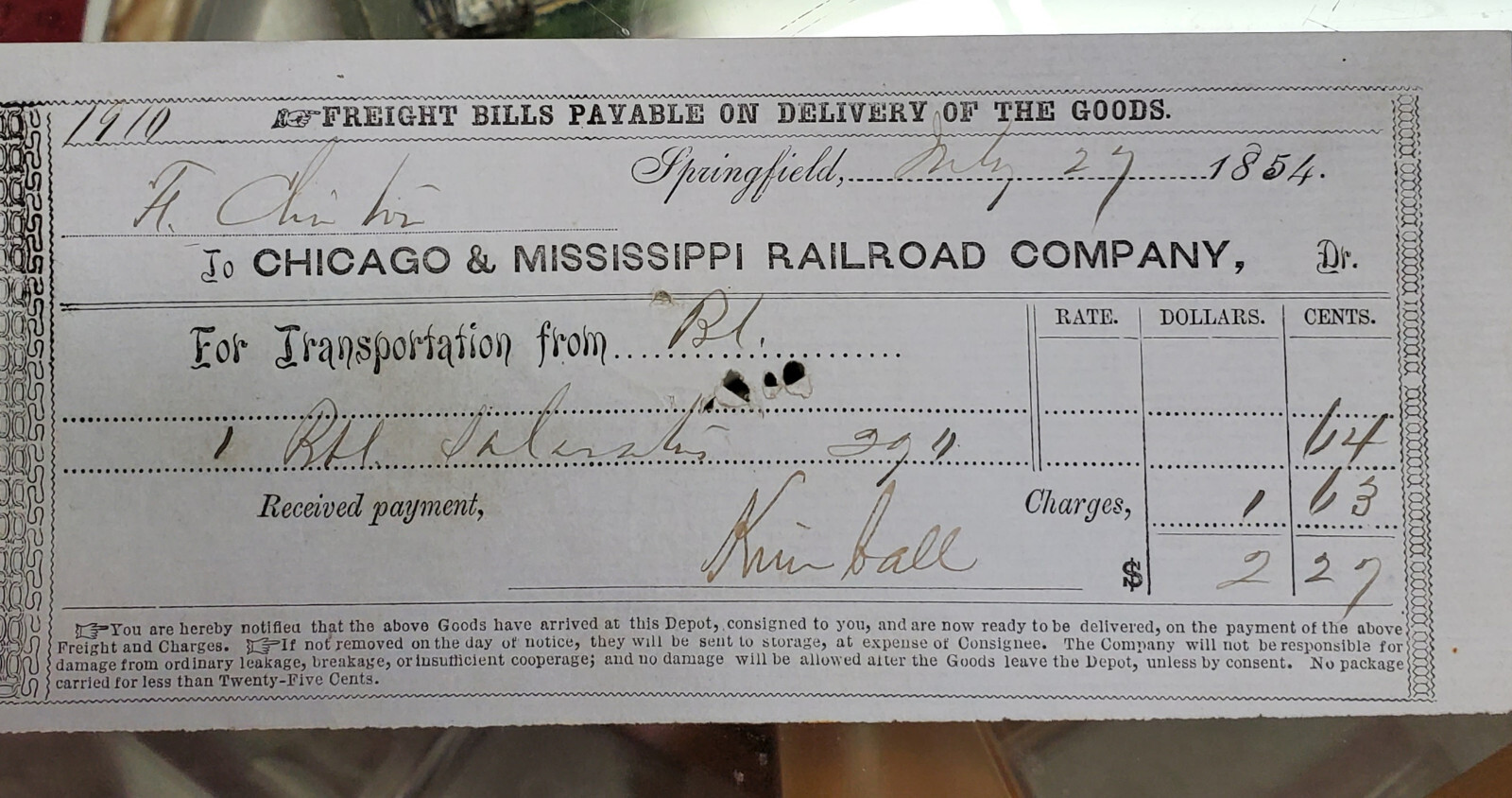 Chicago & Mississippi Railroad Co, Receipt, 1854, Springfield, IL | eBay
