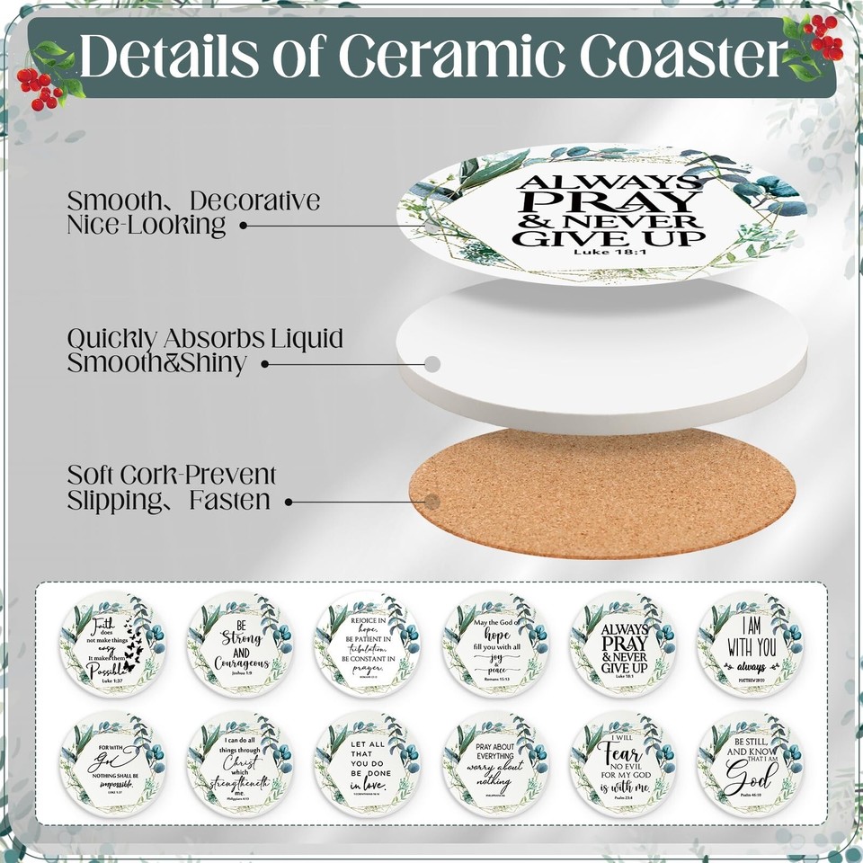 Set of 12 Christian Coasters Bulk Gift Religious Bible Verse Ceramic ...