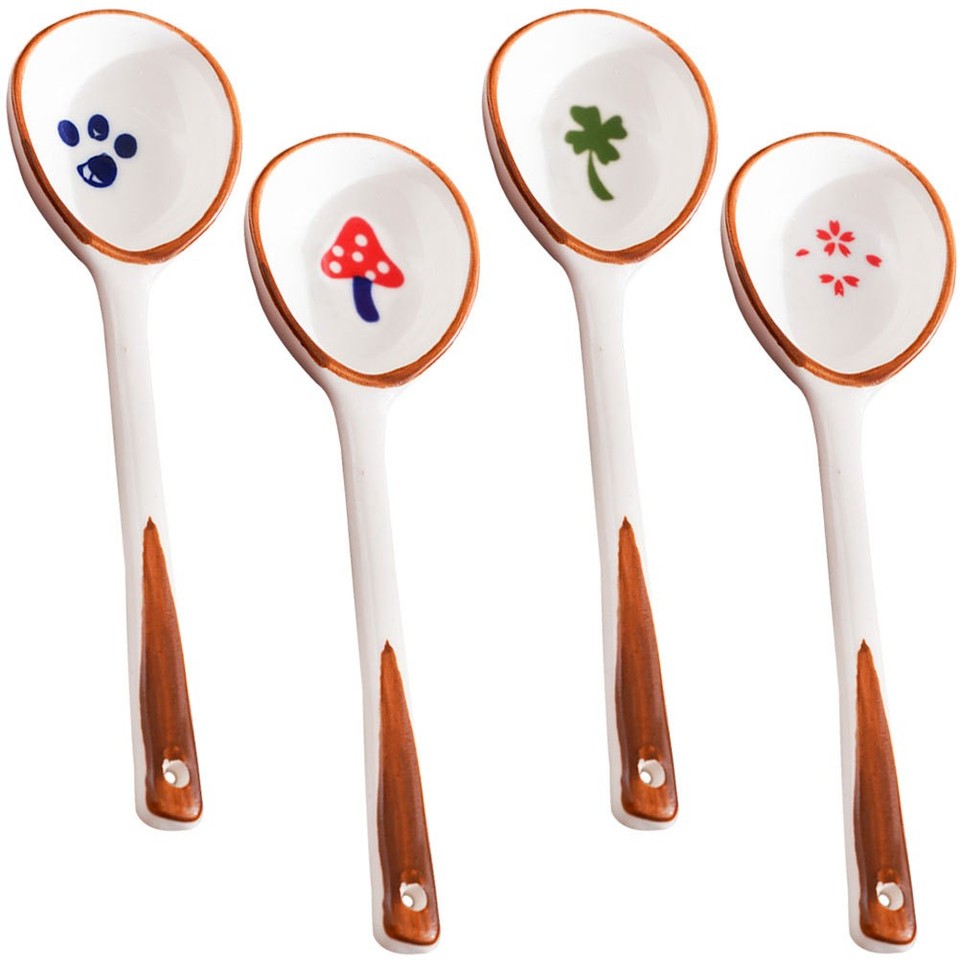 4 Pcs Porcelain Ceramic Soup Spoons Long Handle Set for Home Dining Use ...