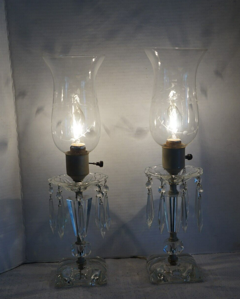 2 Vintage Crystal Glass Etch Hurricane Shade Electric Table Lamps ...