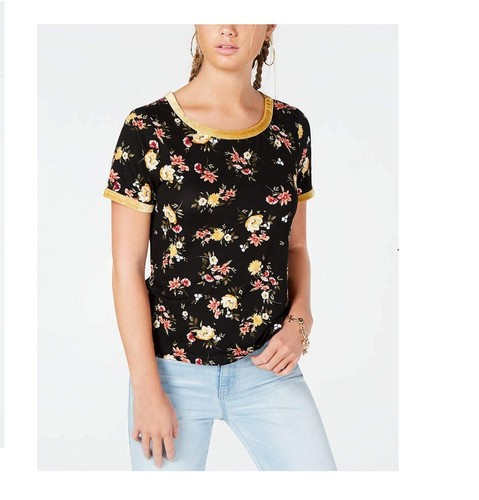 Ultra Flirt Women Size Medium Black Floral Printed Velvet Trim SS ...