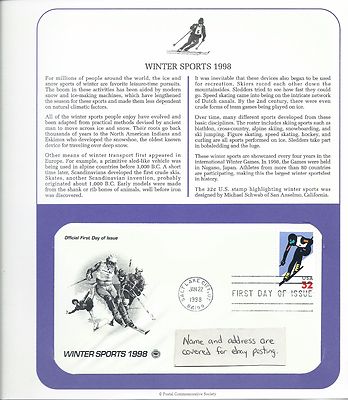 1998 US First Day Cover, 32 Cent Winter Sports Stamp, January 22, 1998 ...
