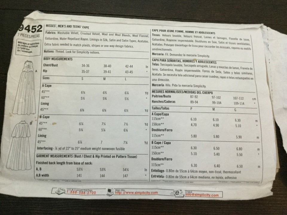 Simplicity 9452 Vtg Unisex Cloak Cape Optional Hood Misses Mens Teens ...