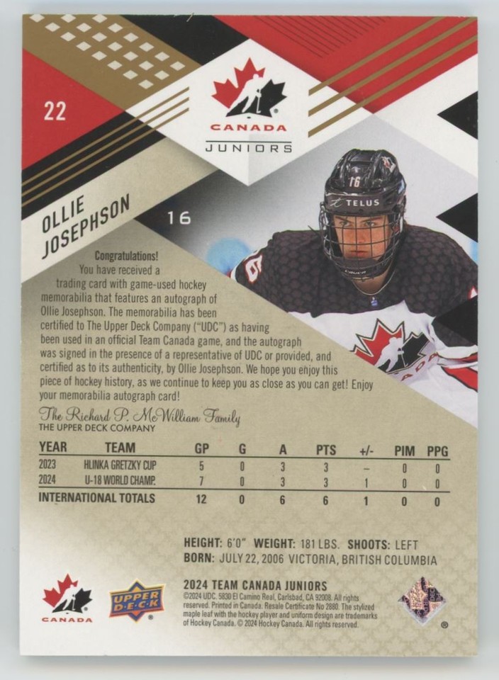 2024-25 Upper Deck Team Canada Juniors /175 Ollie Josephson Auto canada ...