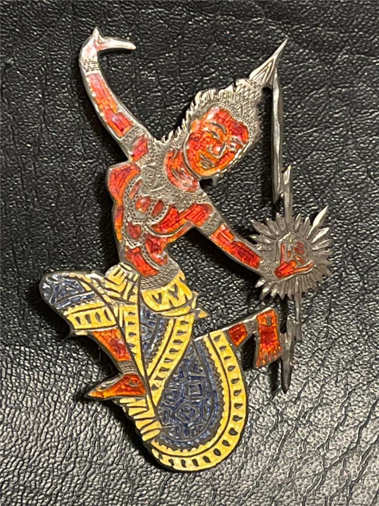 STERLING Siam Niello Goddess dancer warrior PIN BROOCH signed red ...