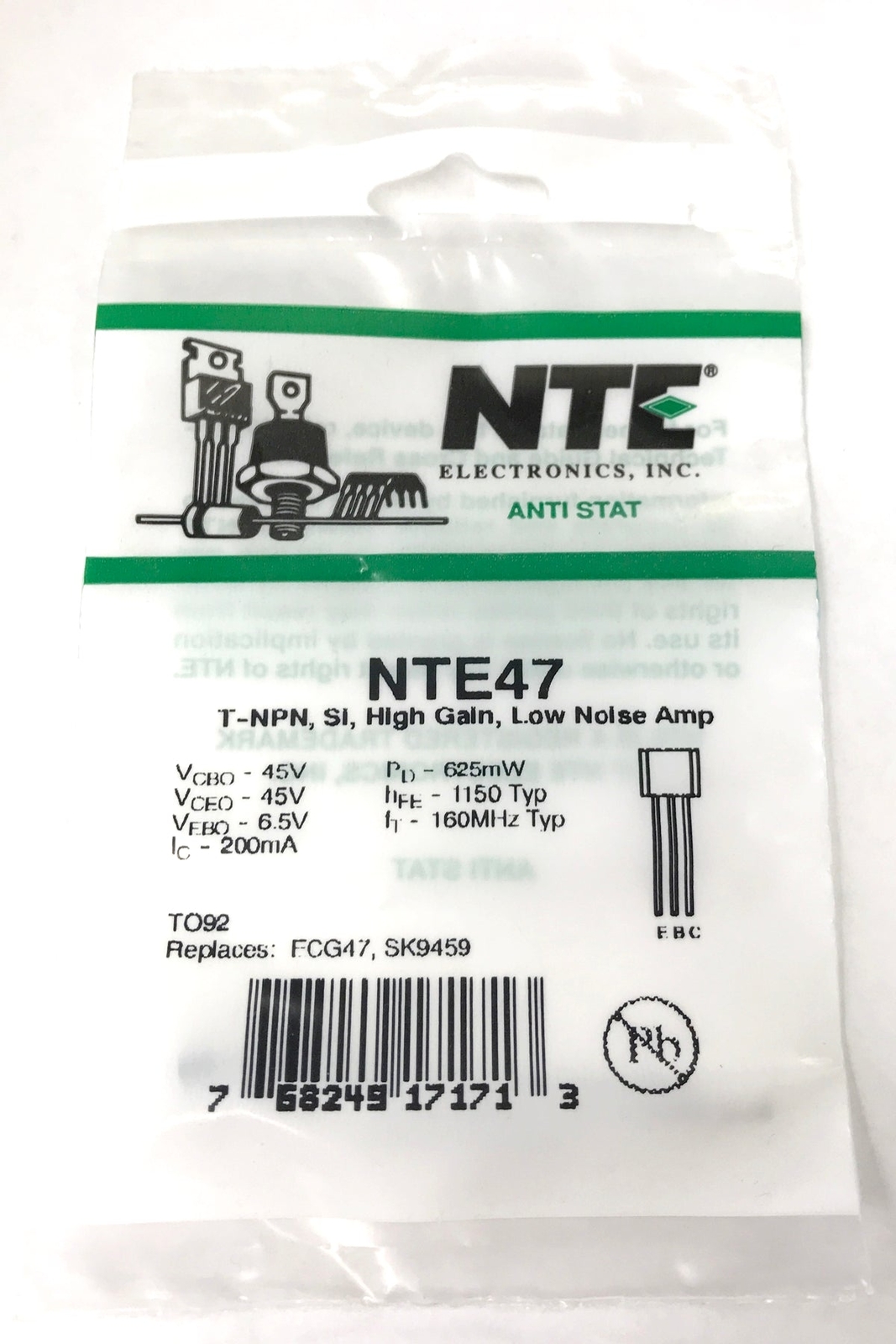 NTE47, 200mA @ 45V NPN Silicon Transistor High Gain Low Noise Amp TO-92 ...